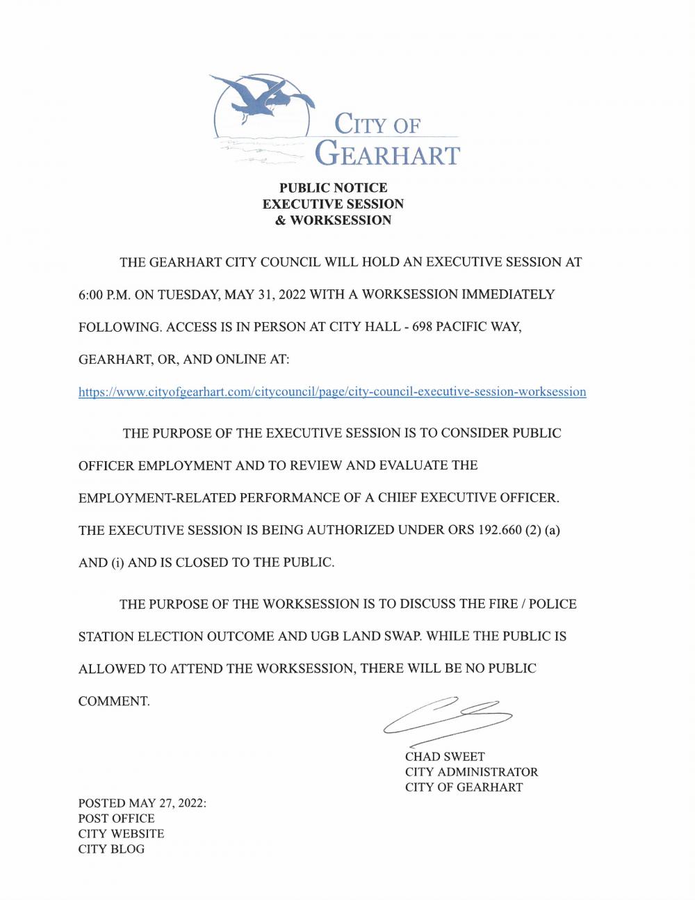 City Council Executive Session & Worksession | City of Gearhart Oregon